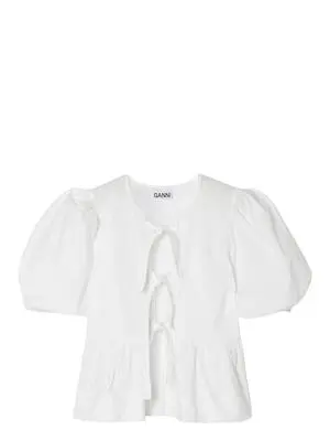 GANNI Tie-front Organic Cotton Peplum Blouse - White