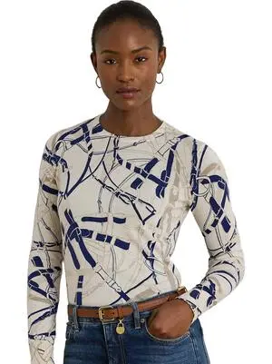 Ralph Lauren Belting-print Cotton-blend Sweater - Cream/navy Multi