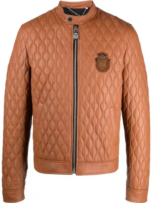 BILLIONAIRE Crest-motif Quilted Leather Jacket - Brown