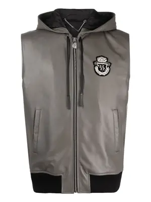 BILLIONAIRE Sleeveless Hooded Leather Vest - Grey