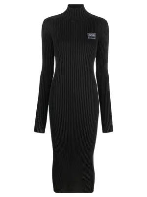 Versace Logo Patch Ribbed Knit Midi Dress - Black