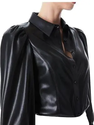 Alice + Olivia Nadine Vegan Leather Blouse - Black