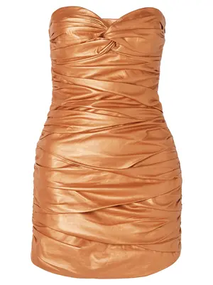Zeynep Arçay Strapless Ruched Leather Mini Dress - Gold