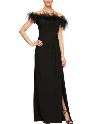 Alex Evenings Feather Trimmed Off-the-shoulder Gown - Black