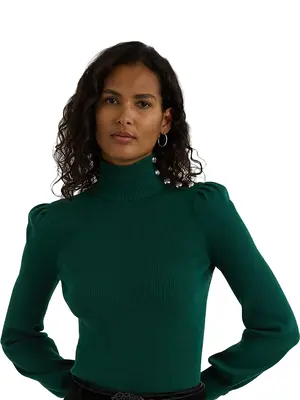 Ralph Lauren Ralph Lauren Button-Trim Mockneck Sweater Deep Emerald