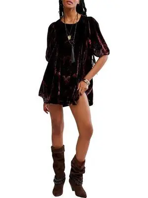 Free People Puff Sleeve Velvet Tunic Top - Dark Black Combo