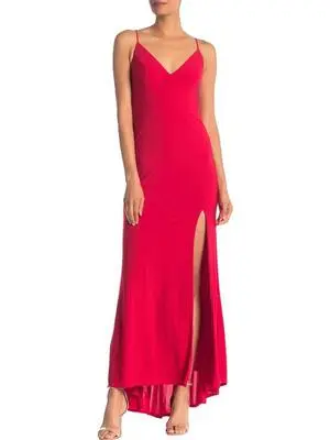 JUMP APPAREL Plunge V-neck Jersey Gown - Red