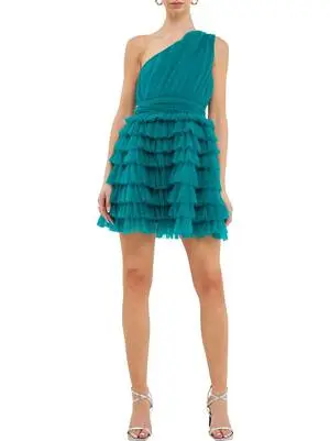 Endless Rose One-shoulder Tiered Minidress - Jade