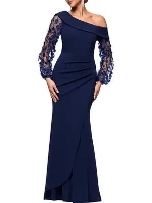XSCAPE EVENINGS Xscape Evenings Floral Appliqué Gown Navy
