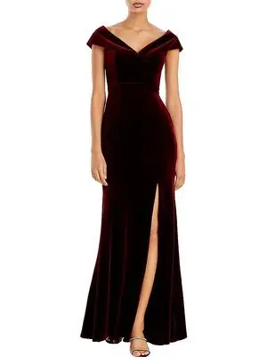 Aqua Off-the-shoulder Fluted Velvet Gown Exclusive - Burgundy