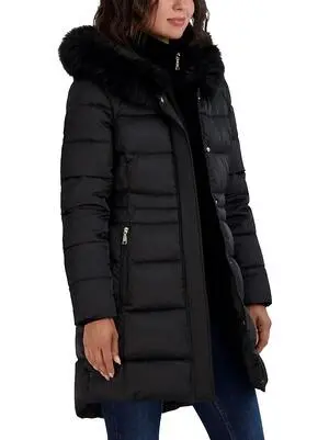 Tahari Dana Hooded Faux Fur Trim Puffer Coat - Black