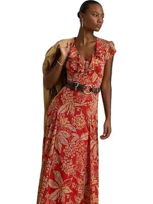 Ralph Lauren Floral Belted Crinkle Georgette Gown - Red Multi