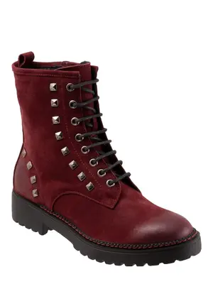 BUENO Studded Leather Combat Boots Dark Red Nubuck