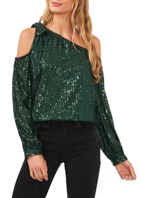 CECE DUPRAZ One-Shoulder Sequin Top With Bow Detail Alpine Green
