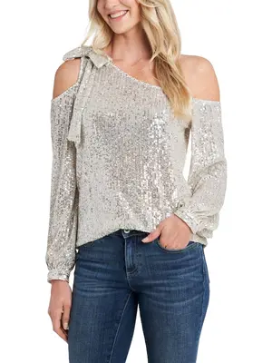 CECE DUPRAZ One-Shoulder Sequin Top With Bow Detail Champagne