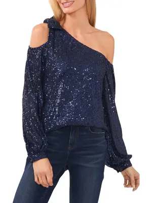 CECE DUPRAZ One-Shoulder Sequin Top With Bow Detail Classic Navy