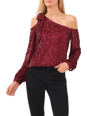 CECE DUPRAZ One-Shoulder Sequin Top With Bow Detail Dark Wine