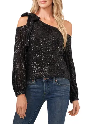 CECE DUPRAZ One-shoulder Sequin Top With Bow Detail - Rich Black