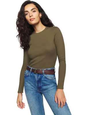 REFORMATION Davy Long Sleeve Crewneck T-Shirt Dark Olive