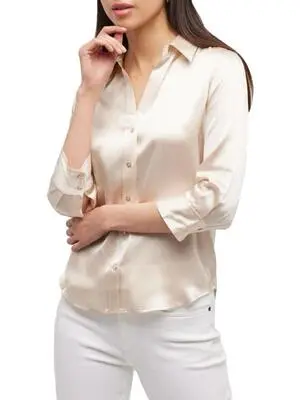 L & Apos;AGENCE Dani Silk Satin 3/4-sleeve Button-down Blouse Beige
