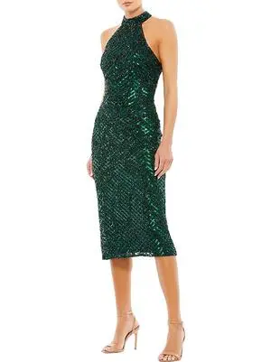 Mac Duggal Sequin High Neck Halter Midi Dress - Bottle Green