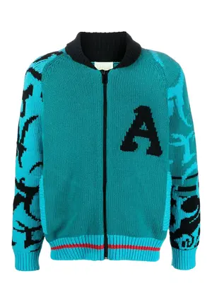 Aries Logo Intarsia Zip-up Cardigan - Blue