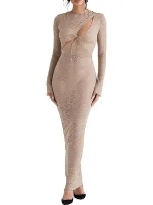 House Of Cb Floral Lace Long Sleeve Body-con Dress - Stone