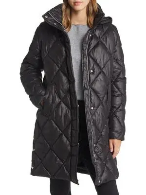 Sam Edelman Longline Hooded Quilted Puffer Jacket Black