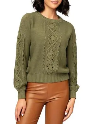 GIBSONLOOK Cable Knit Balloon-Sleeve Sweater Olive