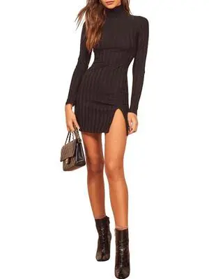 REFORMATION Libra Long Sleeve Ribbed Mini Dress - Black