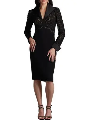 Tadashi Shoji Long Sleeve Lace & Crepe Sheath Dress - Black/ Nude