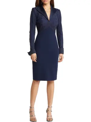 Tadashi Shoji Tadashi Shoji Long Sleeve Lace & Crepe Sheath Dress Navy