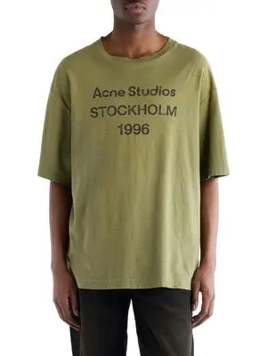 Acne Studios 1996 Logo Distressed Cotton & Hemp Graphic Tee - Olive Green