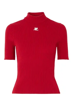 COURREGES Embroidered Ribbed-knit Top - Red