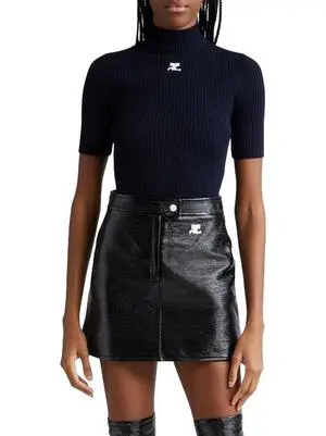COURREGES Embroidered Logo Mock Neck Ribbed Sweater - Navy