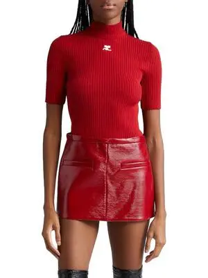 COURREGES Courrèges Embroidered Logo Mock Neck Ribbed Sweater Red