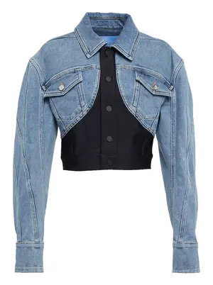 MUGLER Denim-paneled Cropped Jacket - Blue