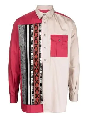 PORTS V Geometric-print Long-sleeve Shirt - Neutrals