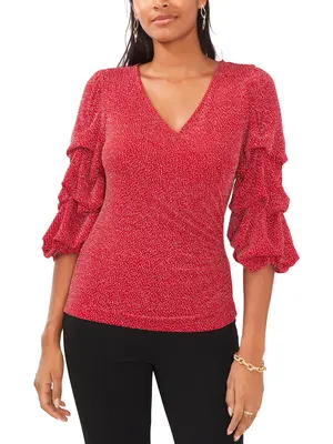 Chaus Chaus Surplice V-Neck Lantern Sleeve Blouse Cc Red/ Silver
