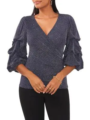 Chaus Surplice V-neck Lantern Sleeve Blouse - Navy/silver