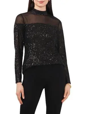 Chaus Sequin Mock Neck Long Sleeve Top Black 001