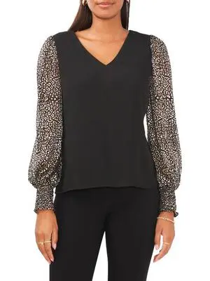 Chaus V-neck Smocked Cuff Blouse - Black/gold