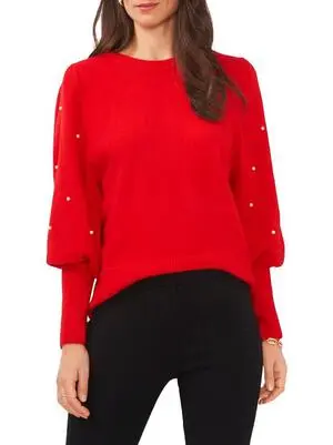 Chaus Imitation Pearl Juliet Sleeve Sweater - Bright Cherry