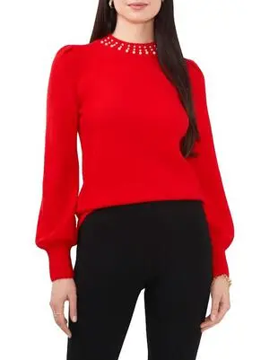 Chaus Imitation Pearl Collar Sweater - Cherry Red