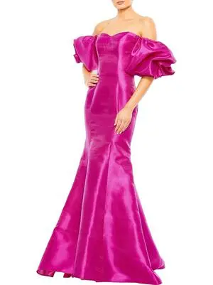 Mac Duggal Sweetheart Off-the-shoulder Puff-sleeve Gown - Fuchsia