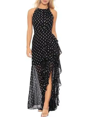 Aqua Metallic Crescent Chiffon Ruffle Gown Exclusive - Black Silver