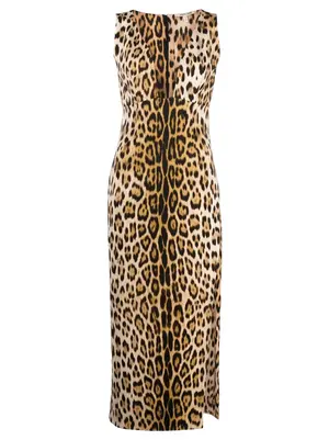 Roberto Cavalli Leopard-print Plunge Midi Dress - Neutrals