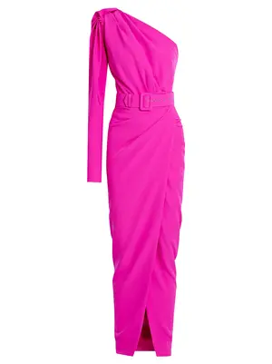 RHEA COSTA One-sleeve Wrap-effect Crepe Maxi Dress - Fuchsia