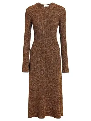 GANNI Metallic Ribbed Knit Midi Dress - Copper