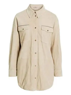 Brunello Cucinelli Bead-embellished Suede Shirt Jacket - Beige